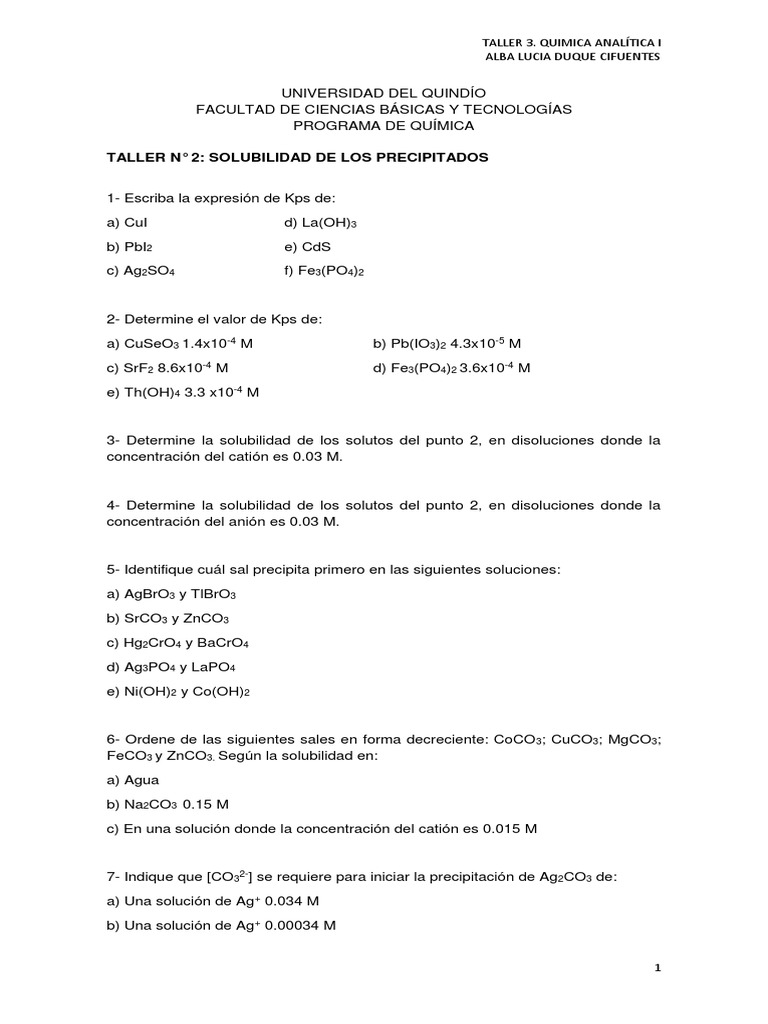 Taller 3 - Solubilidad de Los Precipitados | PDF | Sal (química ...