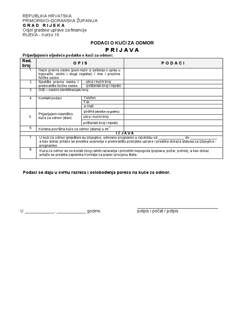 Prijava: Podaci O Kući Za Odmor | PDF