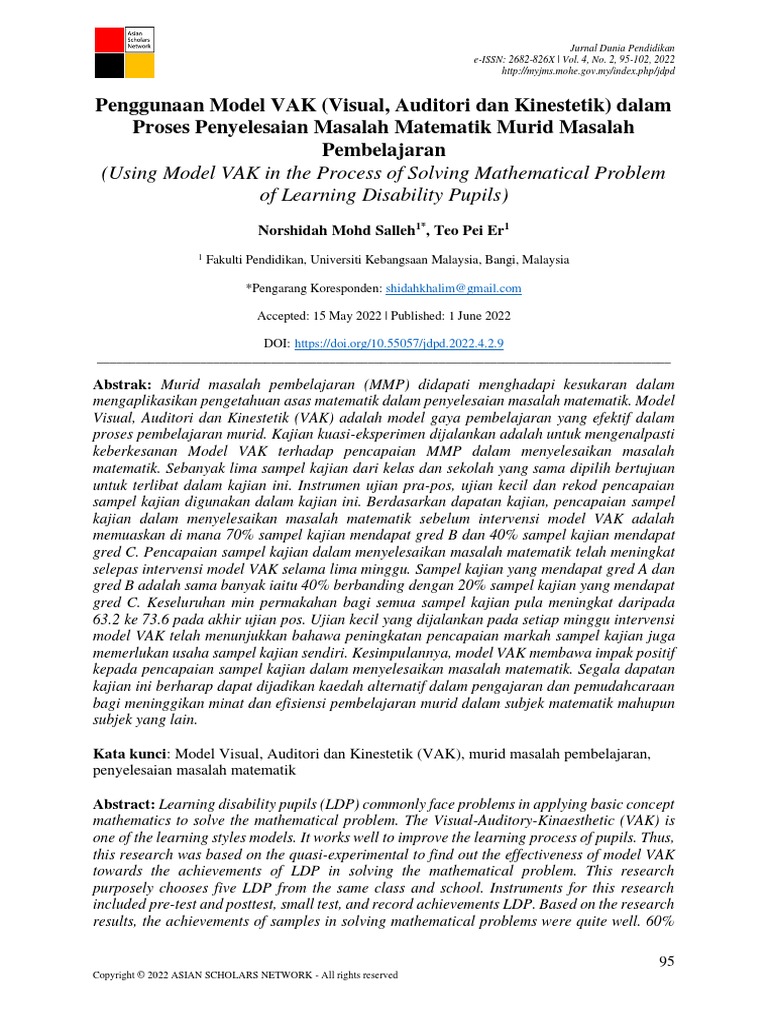 Using Model VAK in The Process of Solving Mathematical Problem of ...