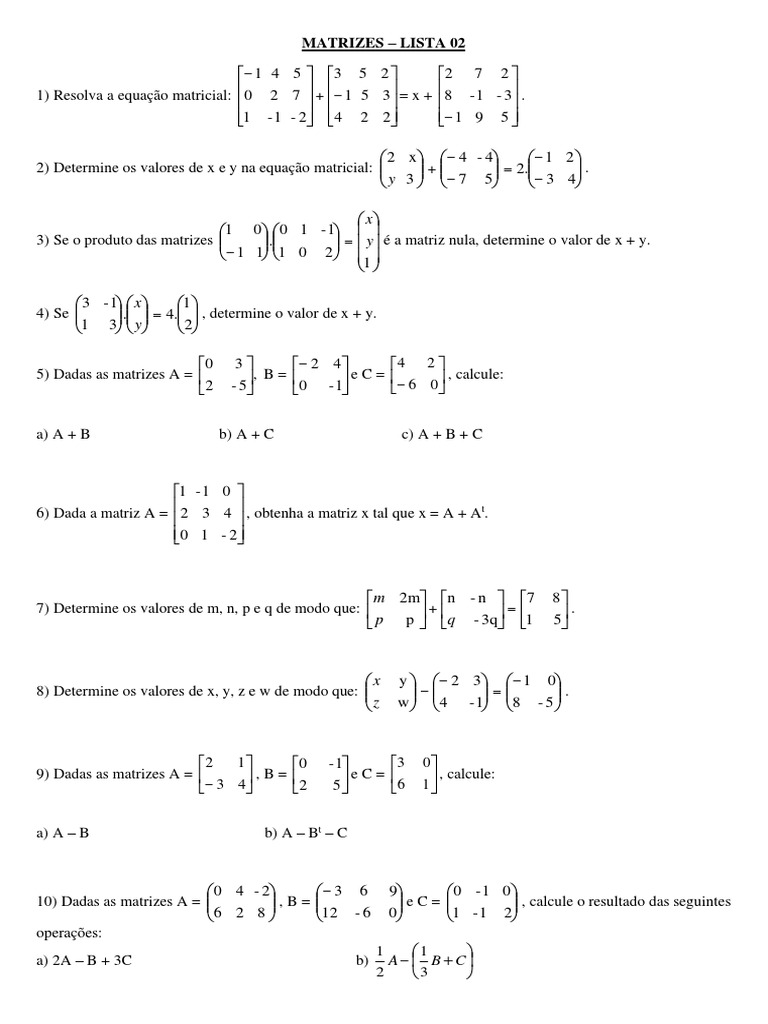 Resolução de exercícios de matrizes | PDF | Matriz (Matemática ...