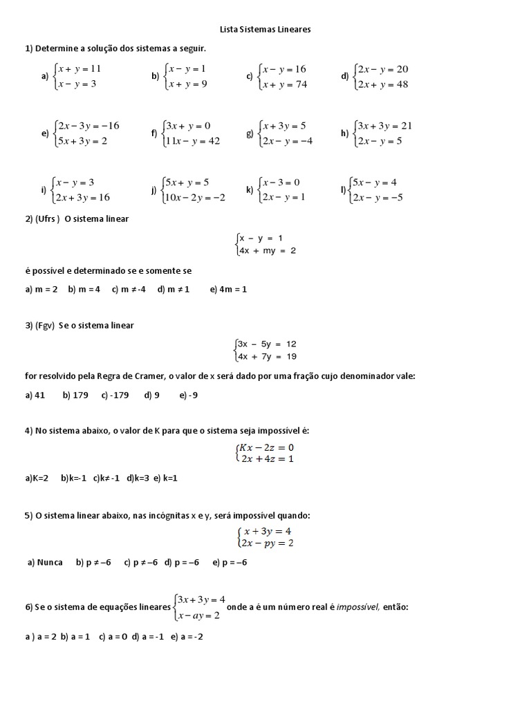 Lista Sistemas Lineares | PDF | Sistema de equações lineares | Objetos ...