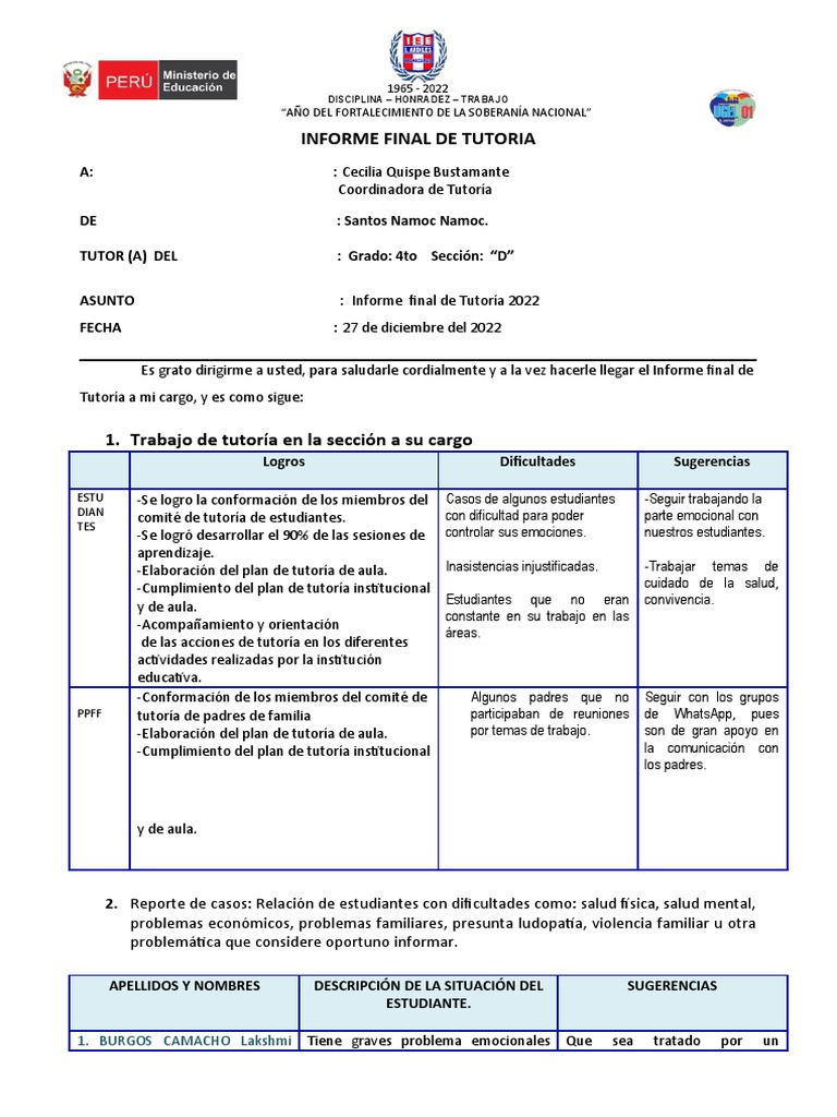 INFORME FINAL DE TUTORIA. 4to D SANTOS NAMOC | PDF | Ciencia cognitiva ...