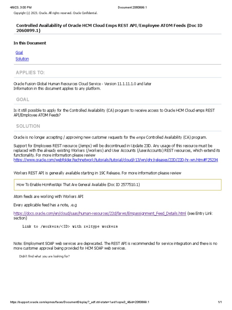 Controlled Availability of Oracle HCM Cloud Emps REST API-Employee ATOM Feeds (Document 2060899. ...