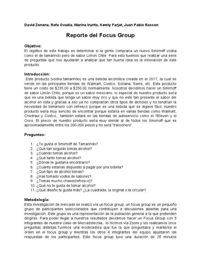 Reporte Del Focus Group | PDF | Grupo de enfoque | Vodka
