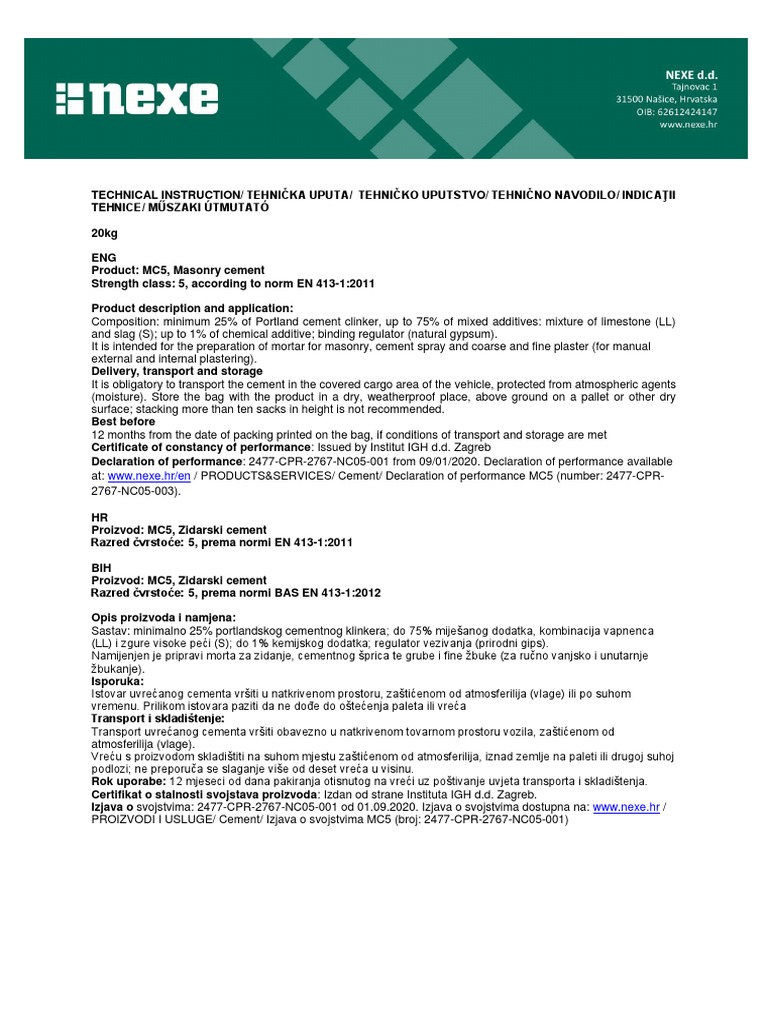 Tehniƒka Uputa Technical Instruction ENG HR BIH SRB SLO ROM HUN MC5 - 20kg | PDF