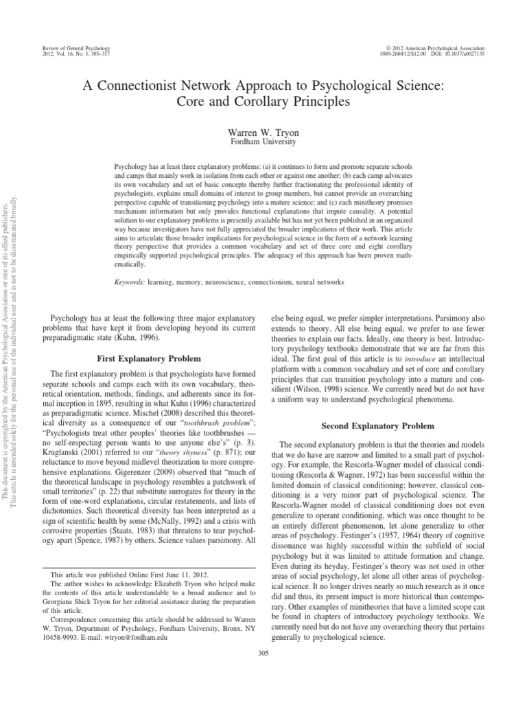 A Connectionist Network Approach To Psychological Science. Core and ...