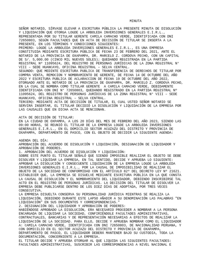 Minuta de Disolucion y Liquidacion de Eirl. | PDF