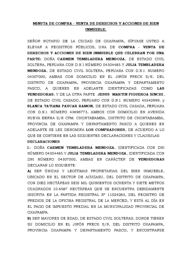 Minuta de Compra Venta de Derechos y Acciones. | PDF | Derecho civil (sistema legal) | Derecho ...