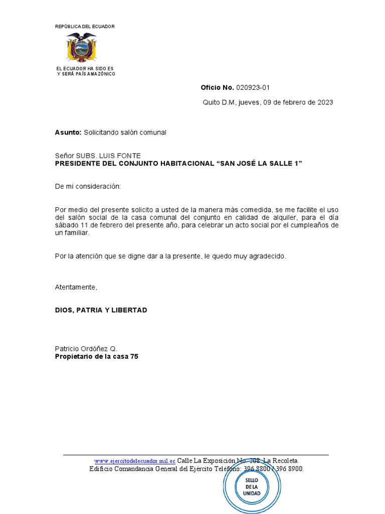 Oficio Solicitando Salon Casa Comunal | PDF
