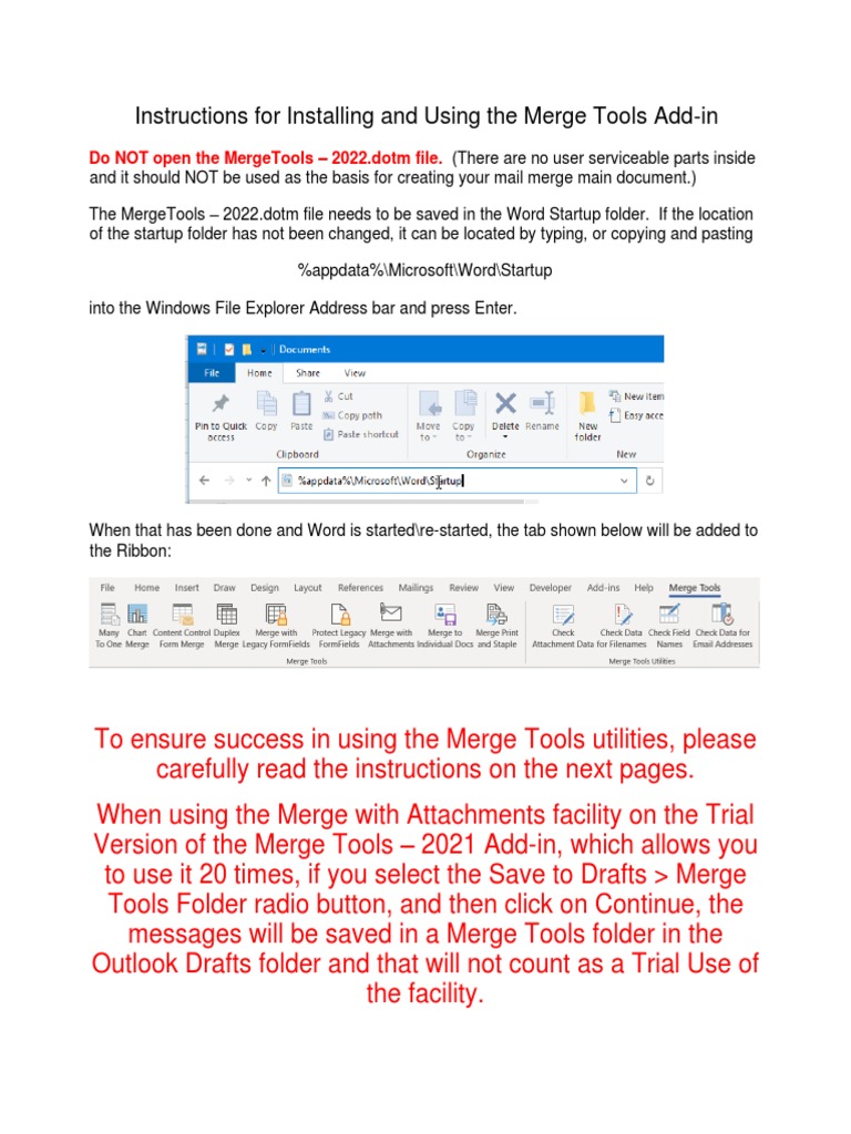 Instructions For Installing and Using The Merge Tools Add-In | PDF ...