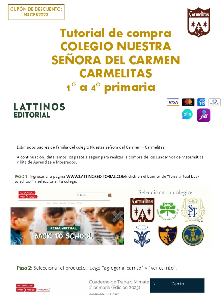 Lattinos Editorial - Carmelitas - Cupón y Tutorial de Compra 1° - 4° Primaria | PDF
