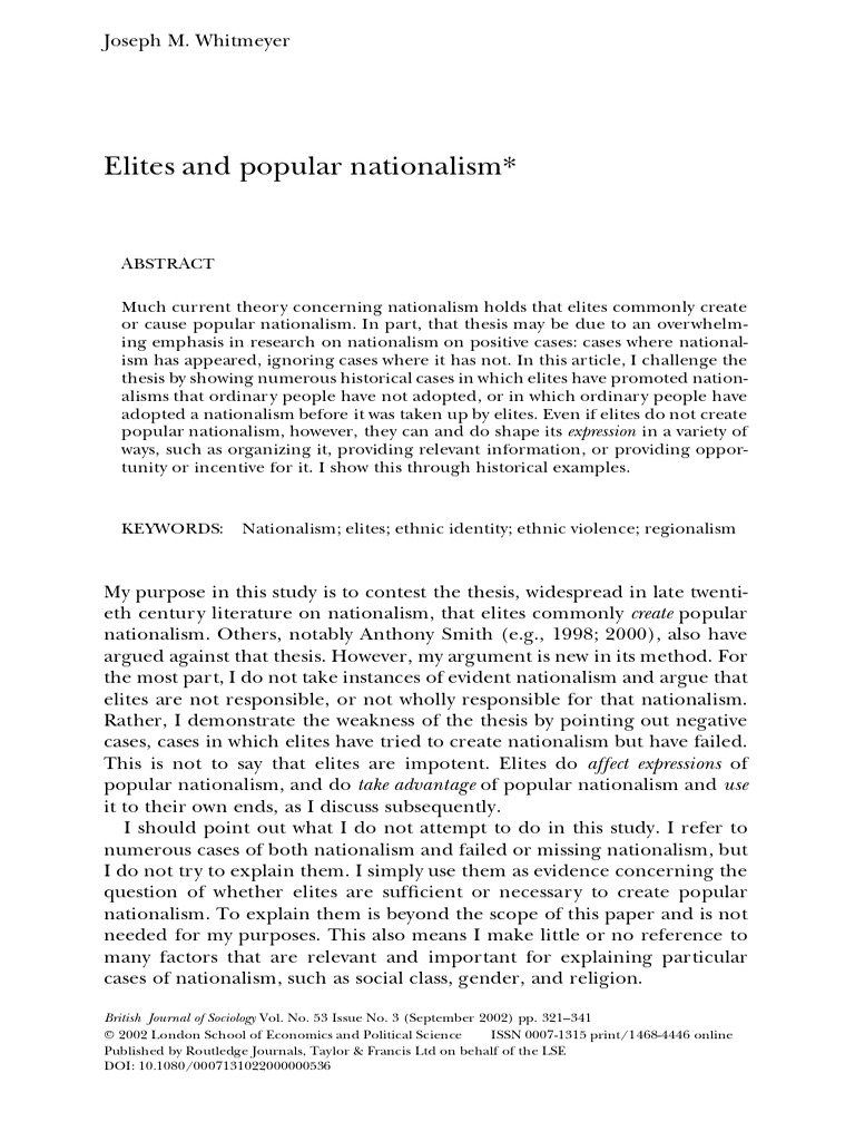 Elites and Popular Nationalism : British Journal of Sociology Vol. No ...