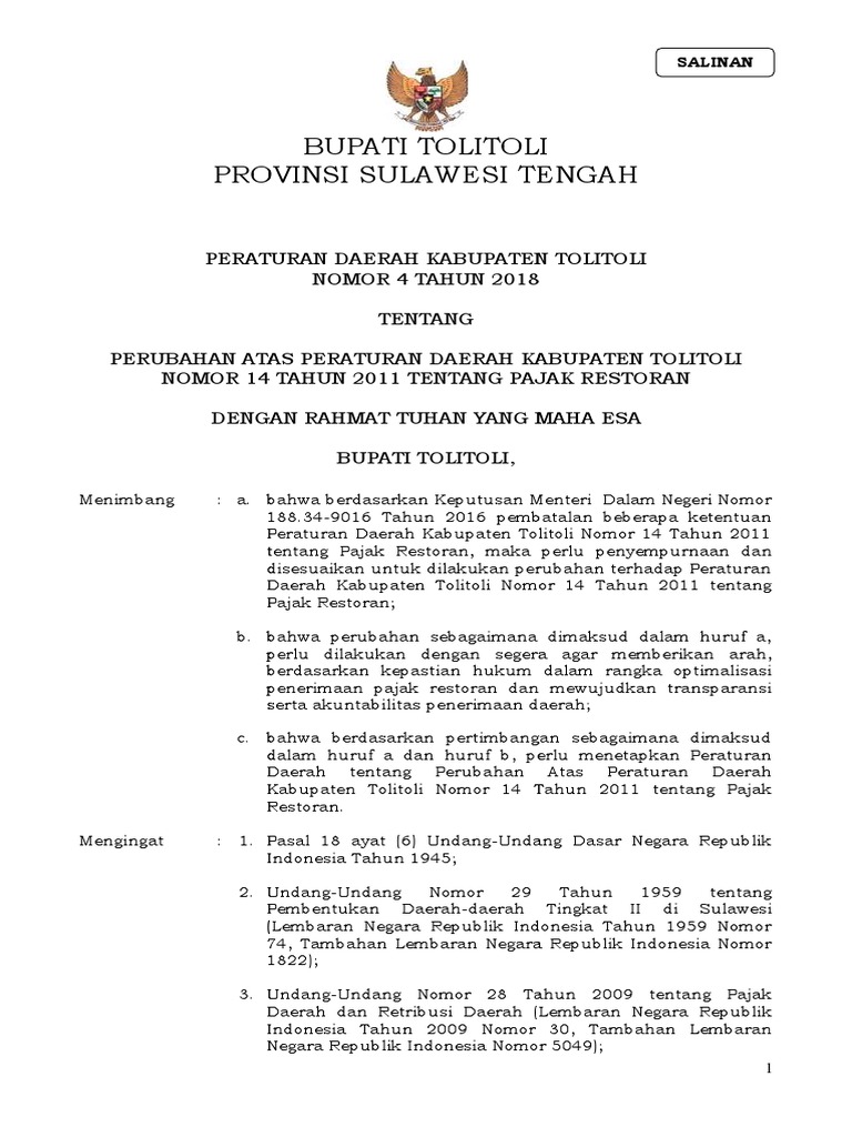 Perda Nomor 4 Tahun 2018 Perubahan Pajak Restoran | PDF