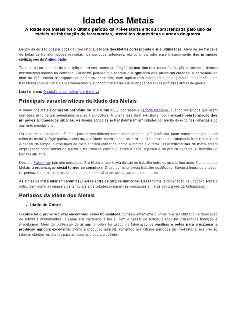 Características da Idade dos Metais | PDF | Agricultura | Cobre
