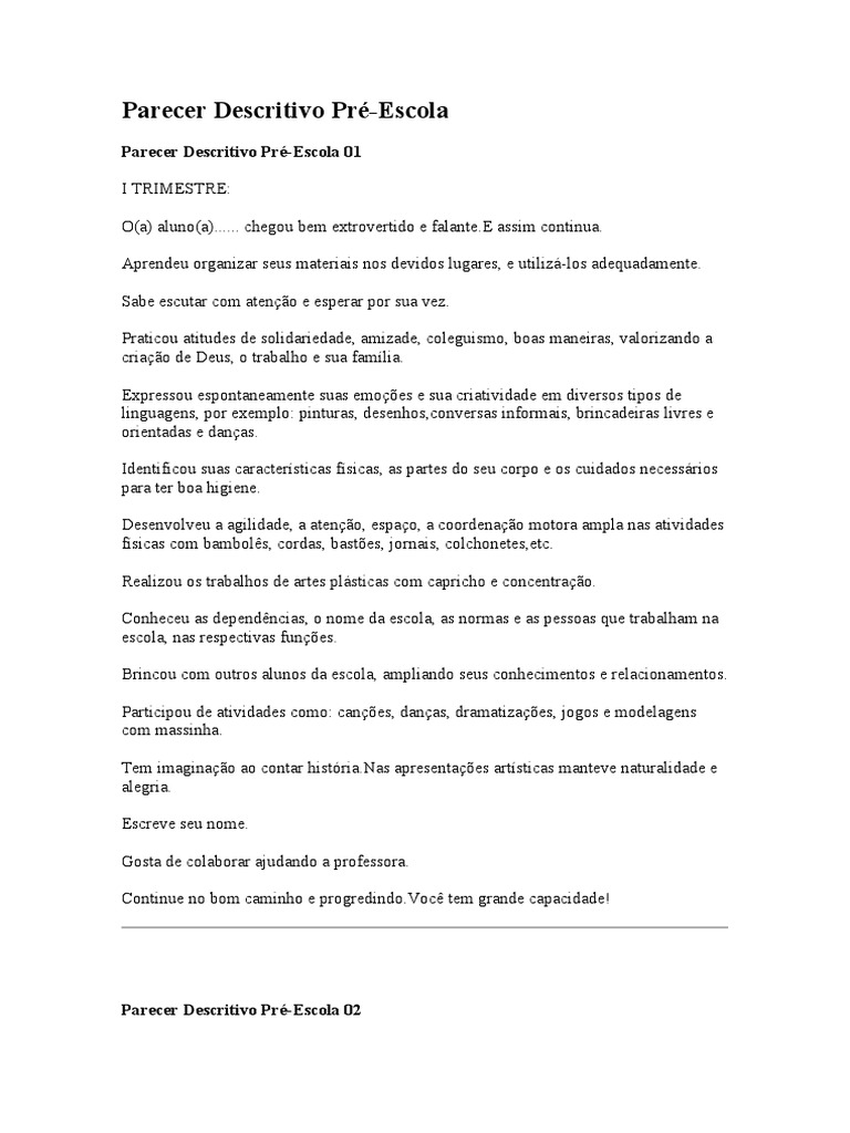 Parecer Descritivo Pré em WORD | PDF