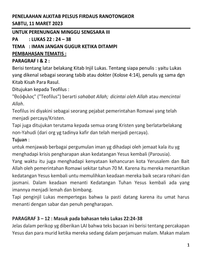 PA LUKAS 22 Ayat 24 Sampai 38 | PDF