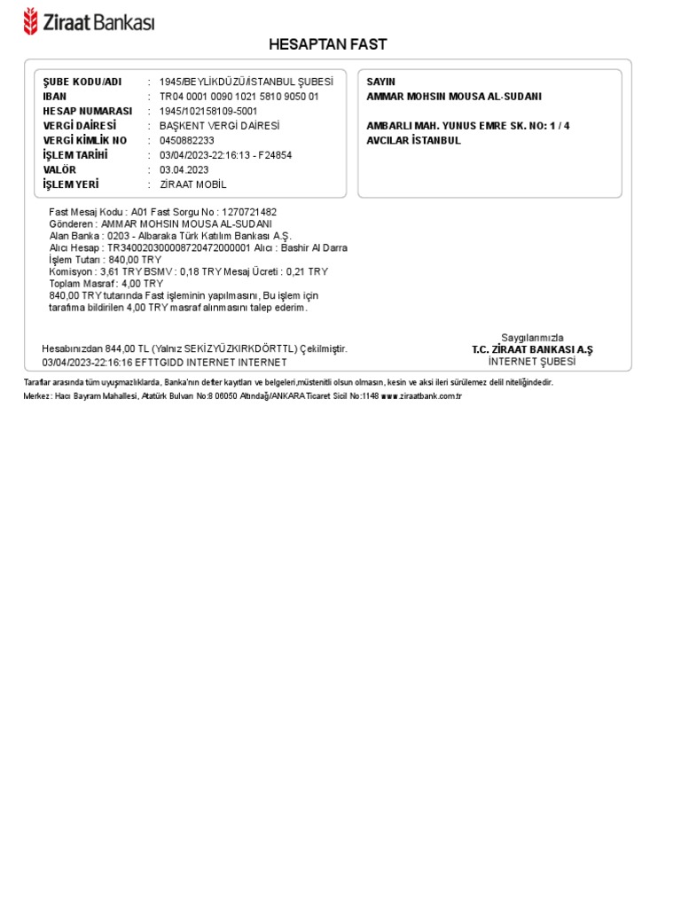 Ziraat Bankasi Receipt | PDF