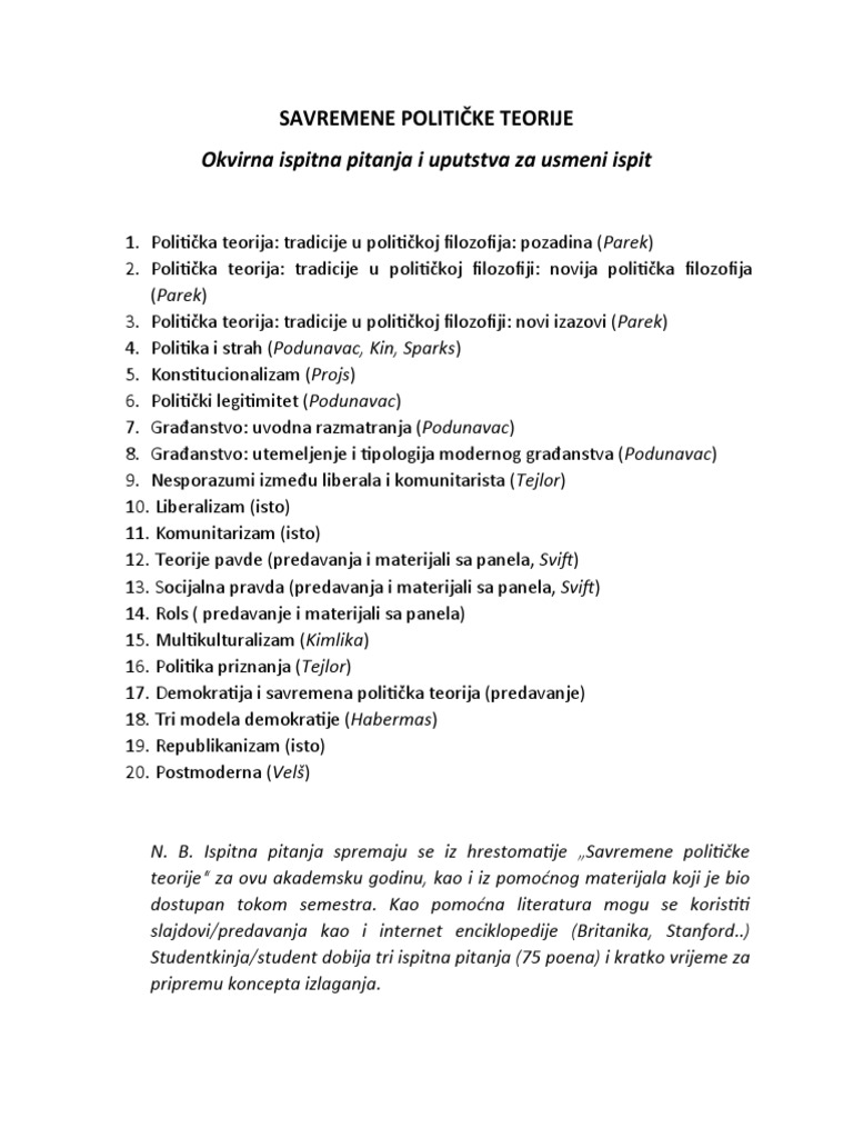Okvirna Ispitna Pitanja I Uputstva Za Usmeni Ispit: Savremene Političke Teorije | PDF