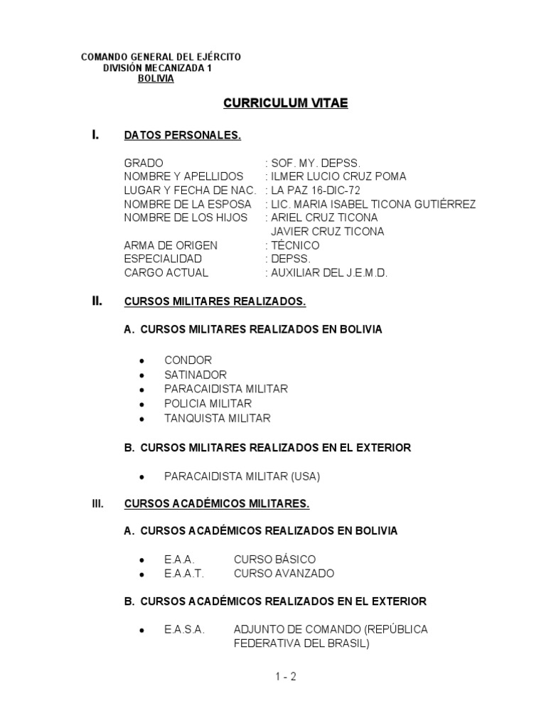 Curriculum Vitae I.: Comando General Del Ejército División Mecanizada 1 ...