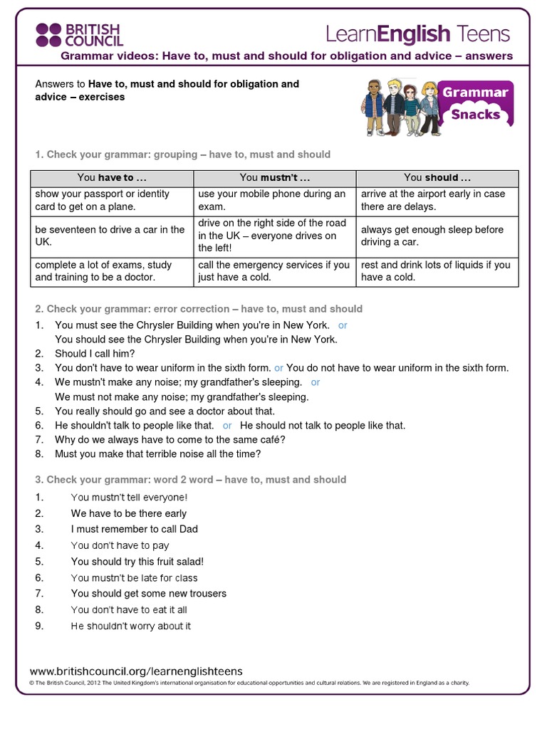 Grammar Videos: Have To, Must and Should For Obligation and Advice ...
