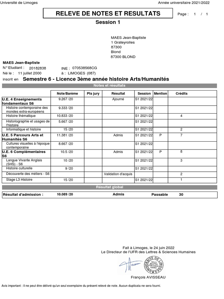 Releve de Notes Et Resultats: Session 1 | PDF | Science
