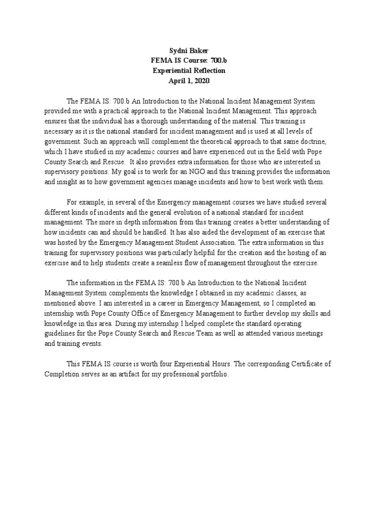 FEMA IS 700.b Course Reflection | PDF