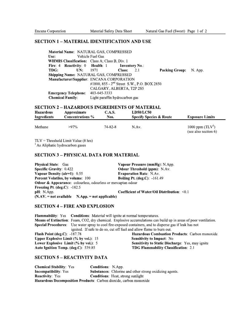 MSDS Gas Natural | PDF