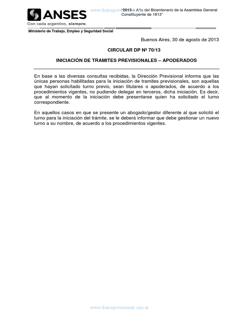 Circular DP #70/13 Iniciación de Tramites Previsionales - Apoderados | PDF