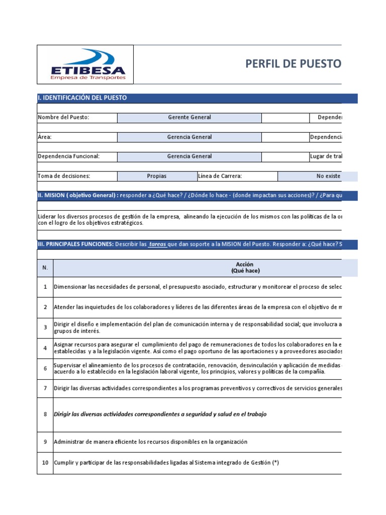 Perfil del Puesto: Gerente General | PDF | Gestión de recursos humanos ...