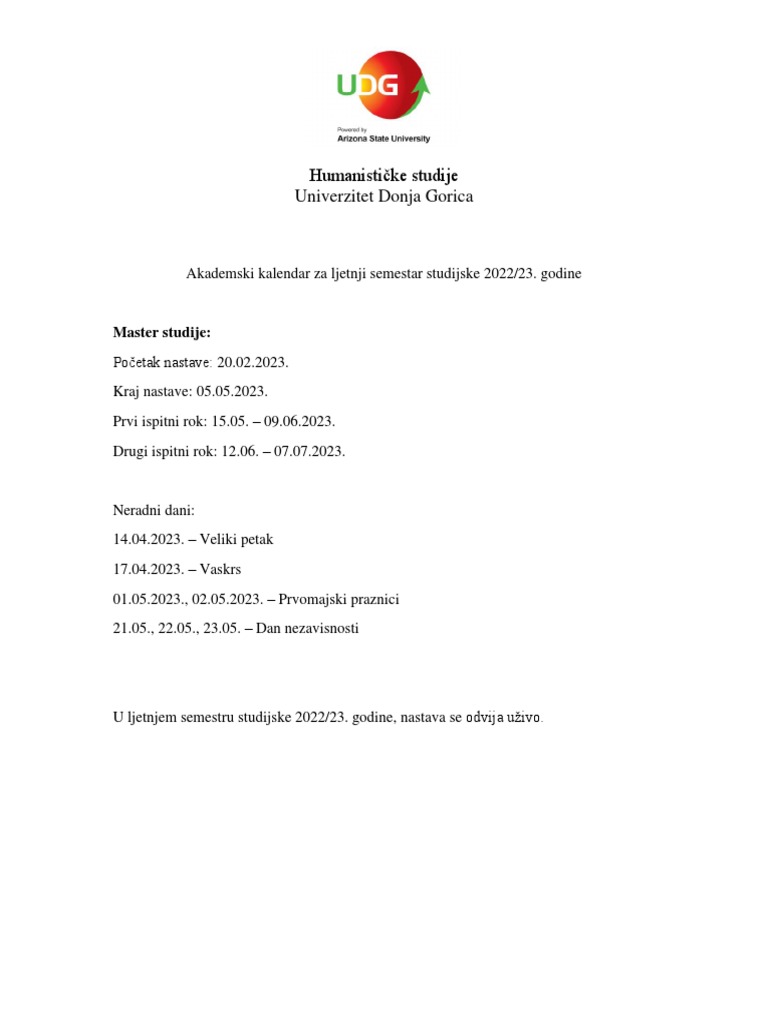Akademski Kalendar Za Master Studije Ljetnji Semestar 2022-2023 | PDF