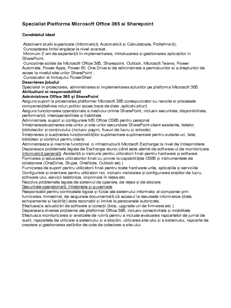Specialist Platforma Microsoft 365 Si Sharepoint | PDF