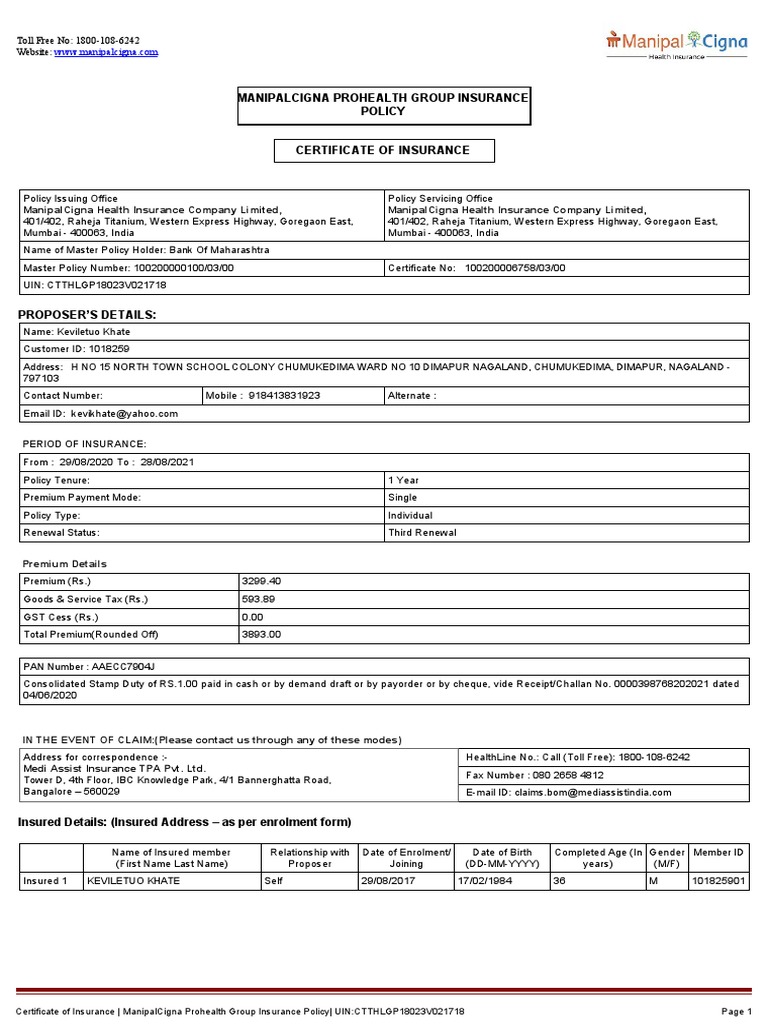 Manipalcigna Prohealth Group Insurance Policy | PDF | Insurance | Hospital
