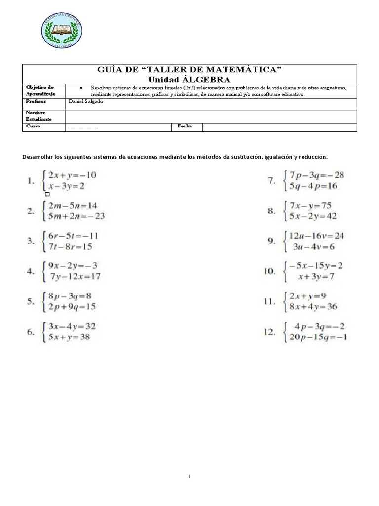 Taller De Matemática Sistemas 2x2 Pdf 3187