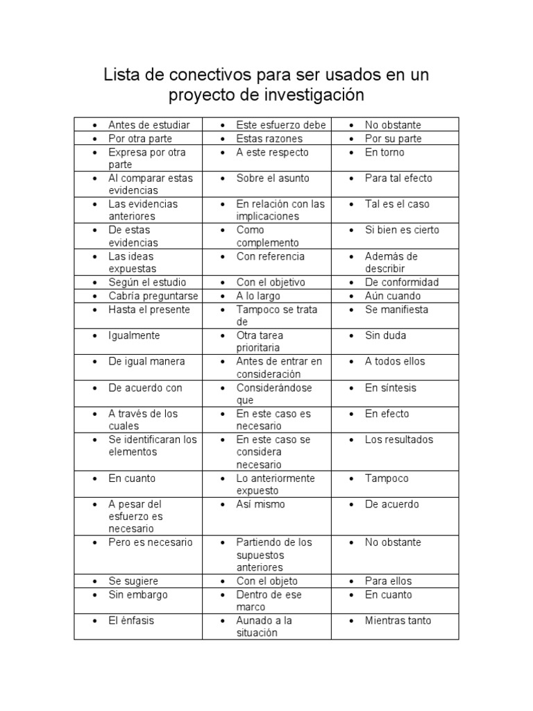Lista de Conectivos para Ser Usados en Un Proyecto de Investigación ...