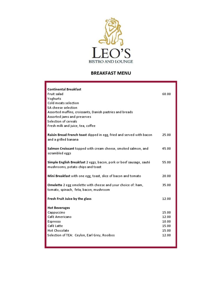 Leo's Bistro & Lounge Menu | PDF | Salad | Foods