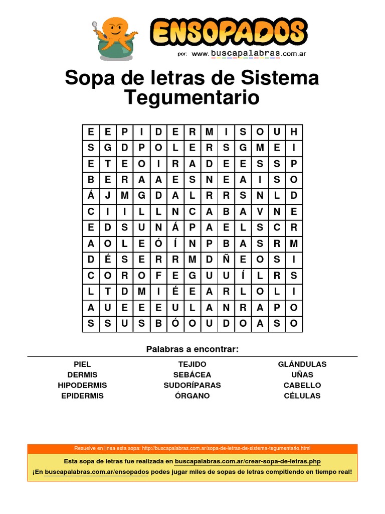 Sopa de Letras de Sistema Tegumentario | PDF
