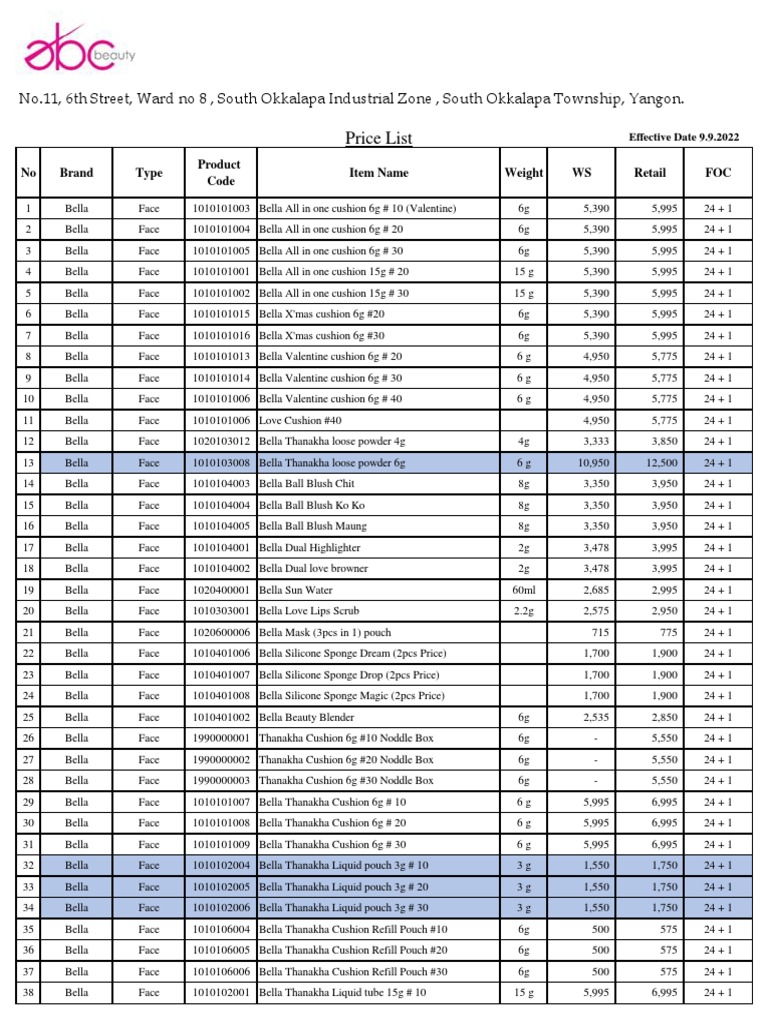 Bella Price List 09092022 | PDF | Human Appearance | Domestic Implements