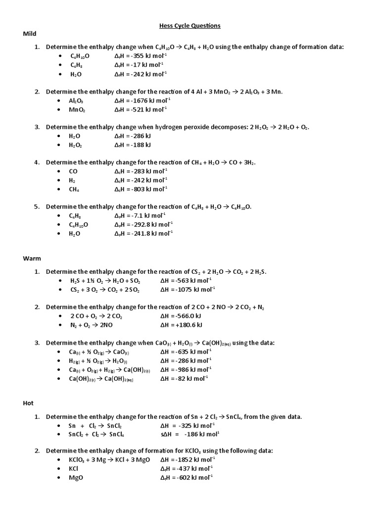 Hess Cycle Questions | PDF | Physical Chemistry | Alternative Fuel
