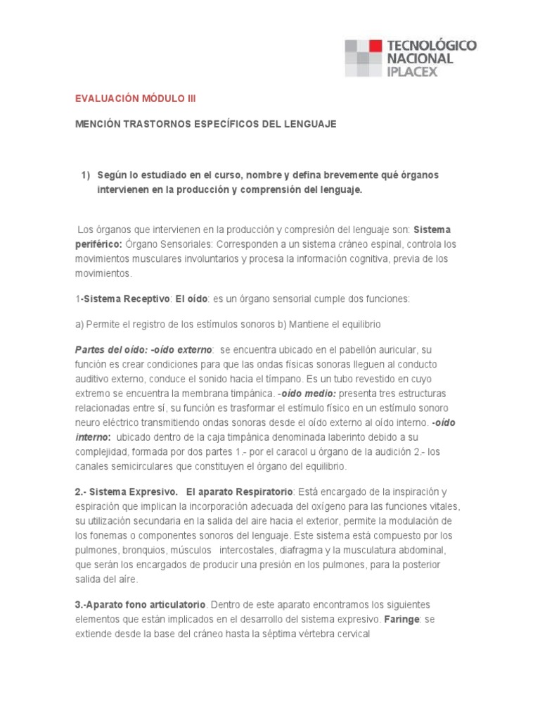 Evaluacion Modulo III | PDF | Hemisferio cerebral | Oído Evaluacion Modulo III | PDF | Hemisferio cerebral | Oído