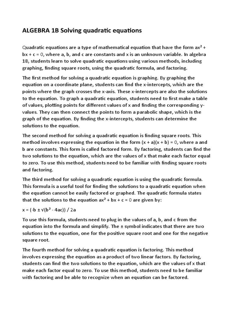 Solving Quadratic Equations Methods | PDF | Equations | Quadratic Equation