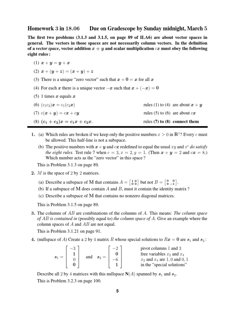 Homework 3 in 18.06 Due On Gradescope by Sunday Midnight, March 5 | PDF ...