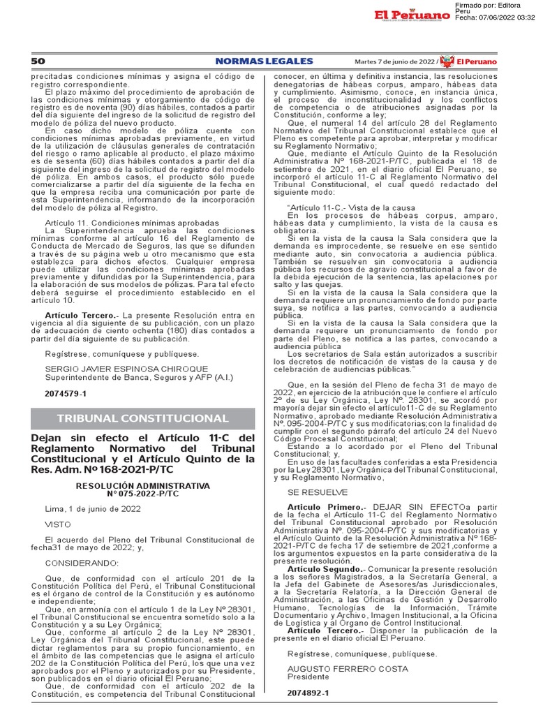 Derogan Art.-11-C-Del-Reglamento-Normativo de TC | PDF | Habeas corpus ...