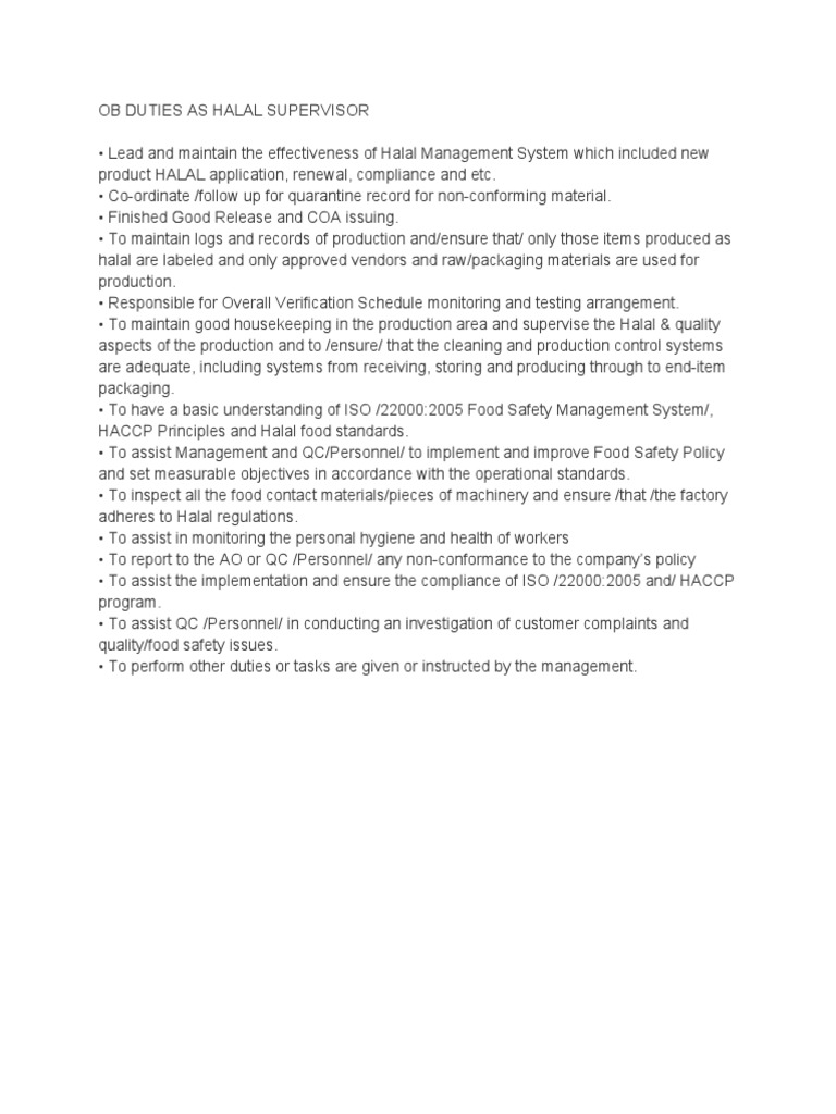 Ob Duties As Halal Supervisor | PDF | Business