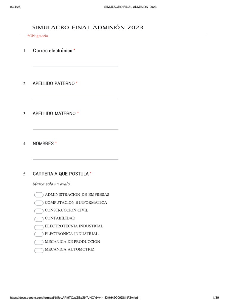 Simulacro Final Admisión 2023: Obligatorio | PDF | Perú | Lima