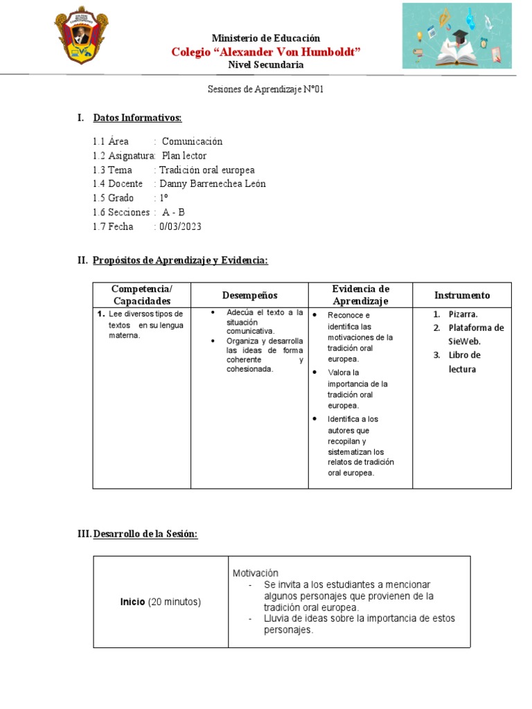 Sesiones 1 Unidad Plan Lector 1 Pdf Aprendizaje