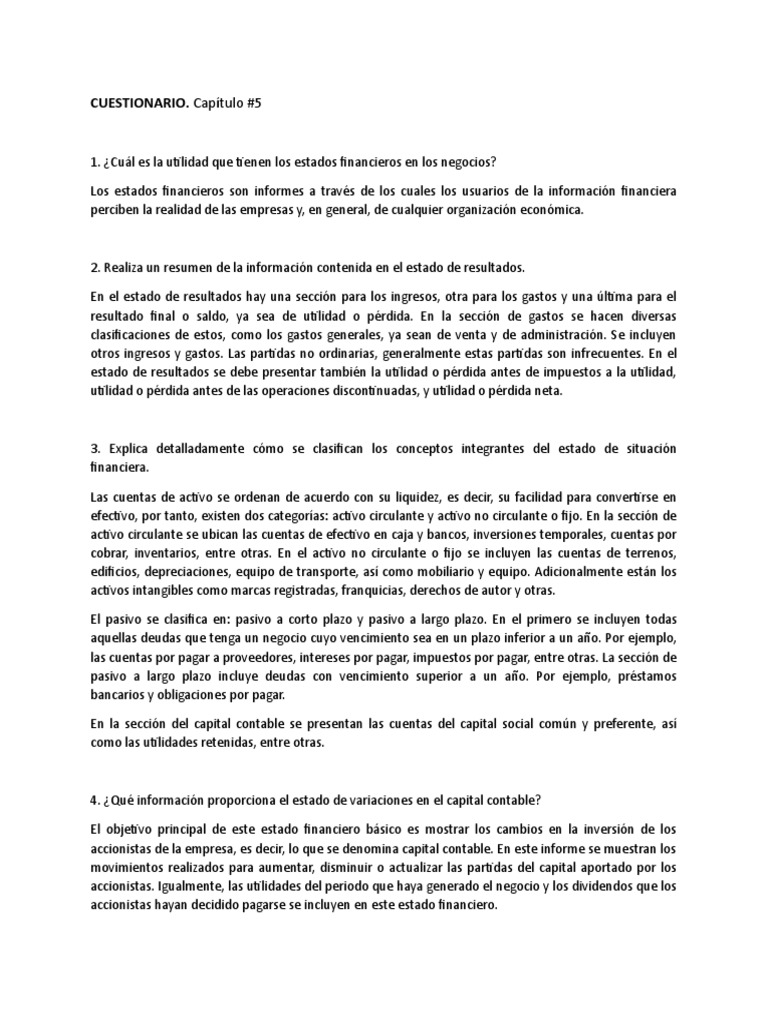 Cuestionario Capitulo 5 | PDF | Ratio financiero | Contabilidad