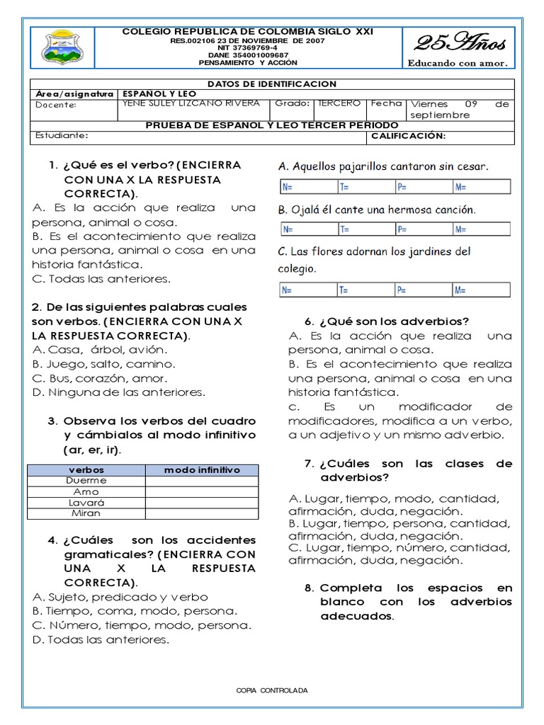 Bimestral Grado Tercero | PDF | Predicado (Gramática) | Adverbio