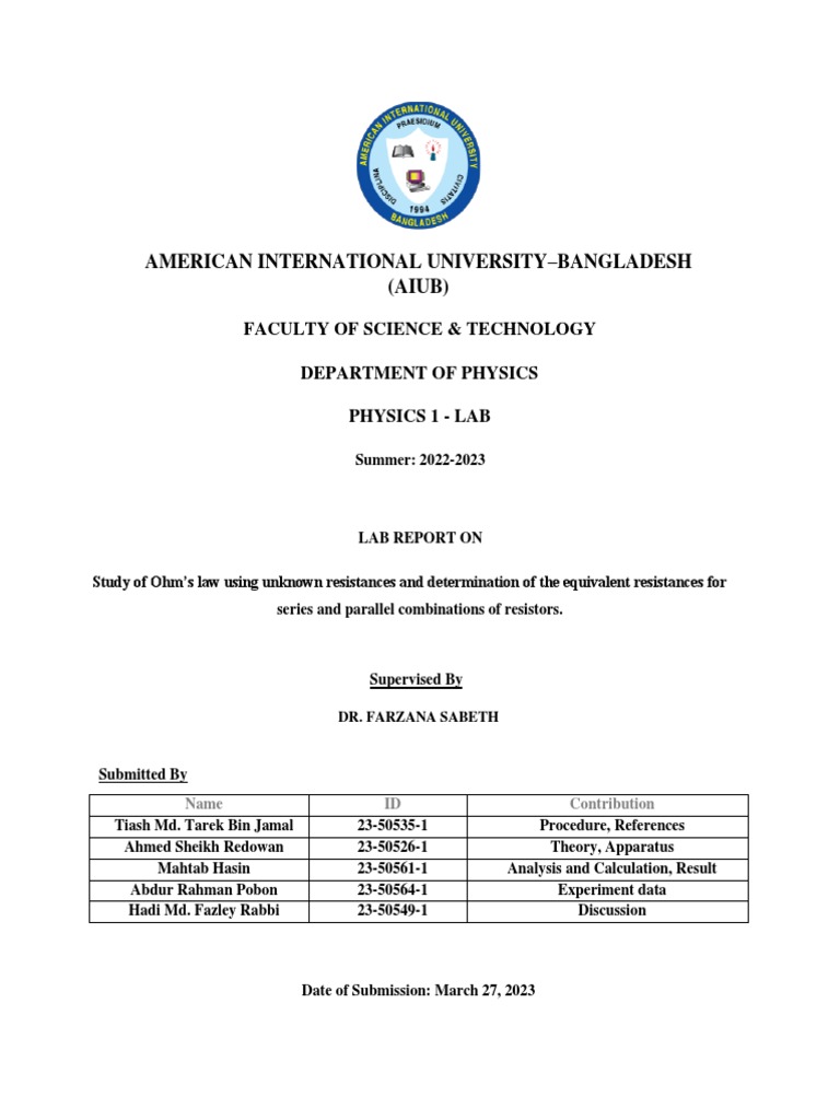 Verification Of Ohms Law And Determination Of Equivalent Resistances In Series And Parallel