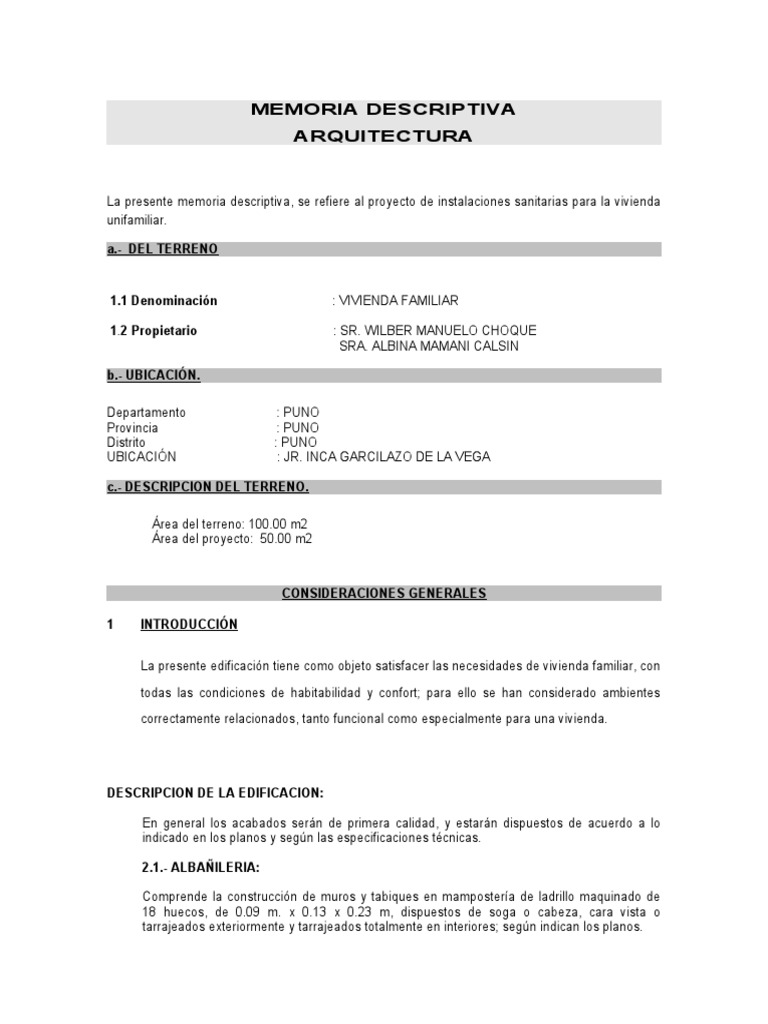 MEMORIA DESCRIPTIVA Arquitectura | PDF | Materiales | Materiales de construcción