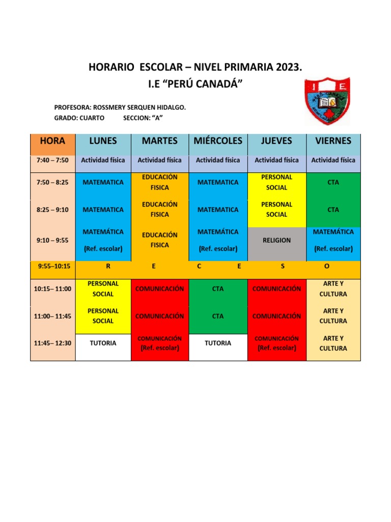 Horario Escolar Primaria 2023 Perú | PDF